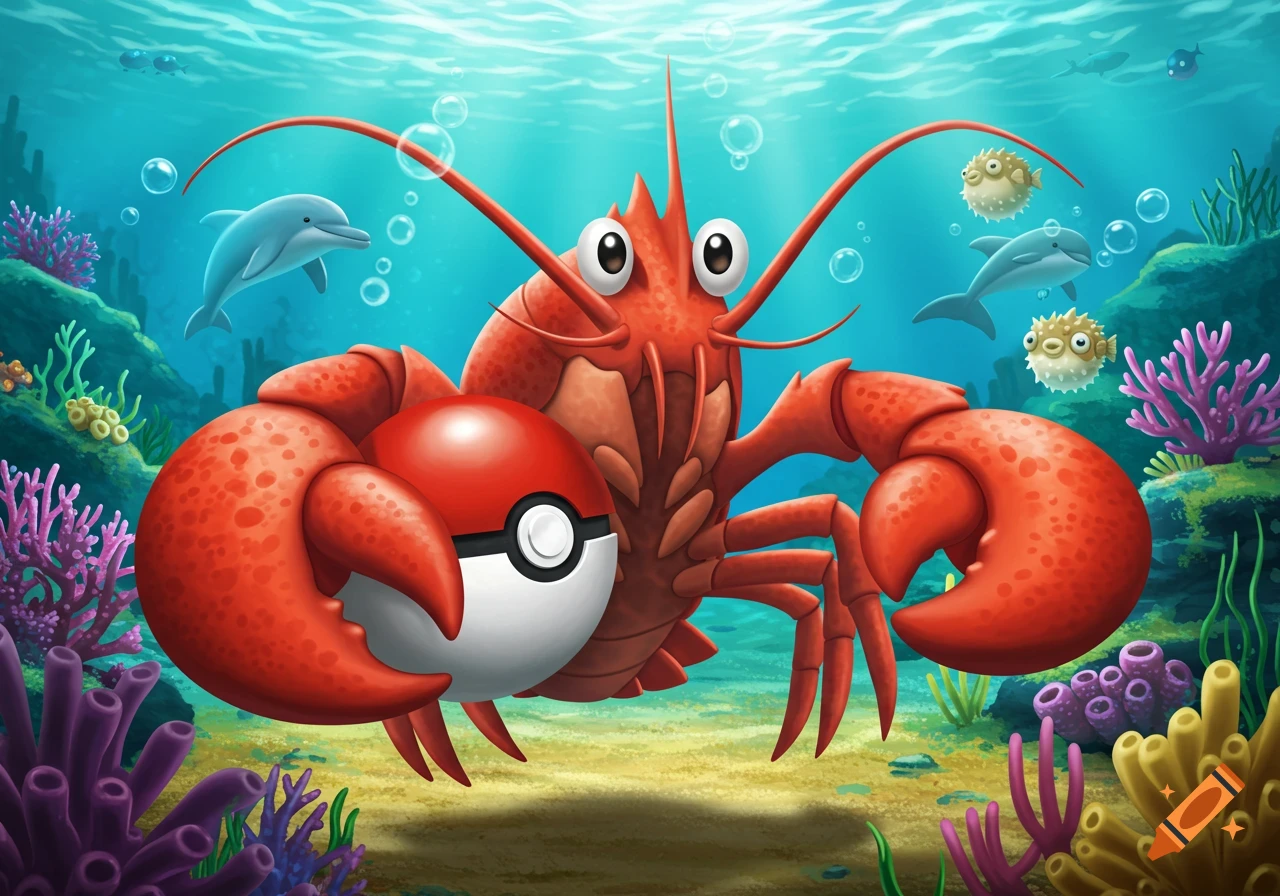 Cartoon lobster holds a Pokeball underwater with fish. on Craiyon