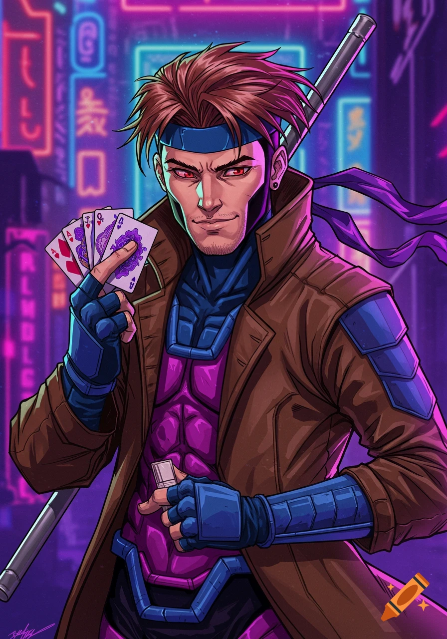 Comic illustration of Gambit holding cards in a neon-lit city. on Craiyon