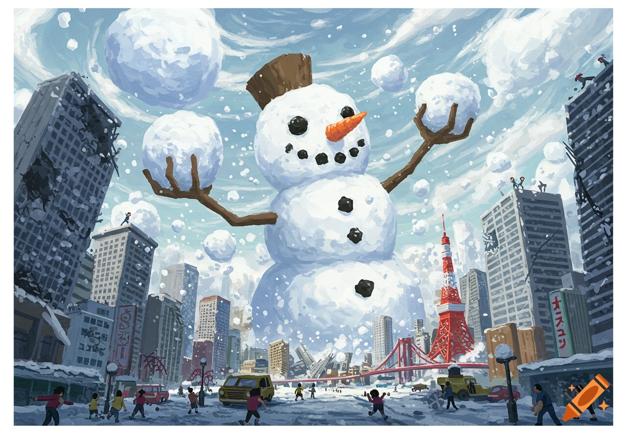 Giant snowman attacks Tokyo, throwing snowballs at skyscrapers in a ...