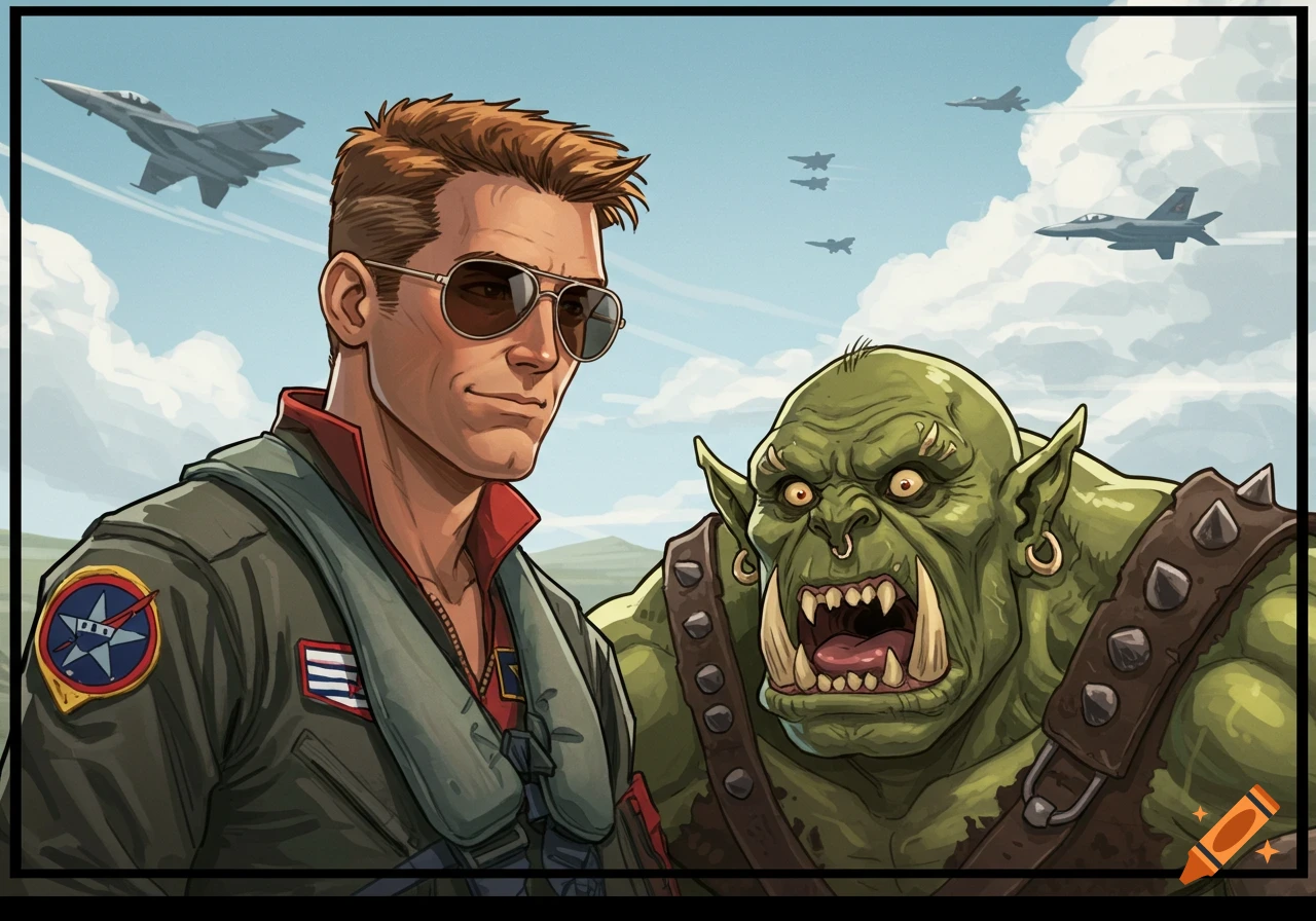 An illustration of a pilot and an orc standing together with fighter ...