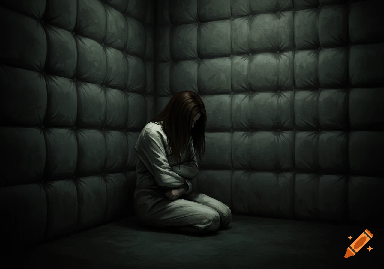 A woman wearing a straitjacket kneels in a dark padded room ...