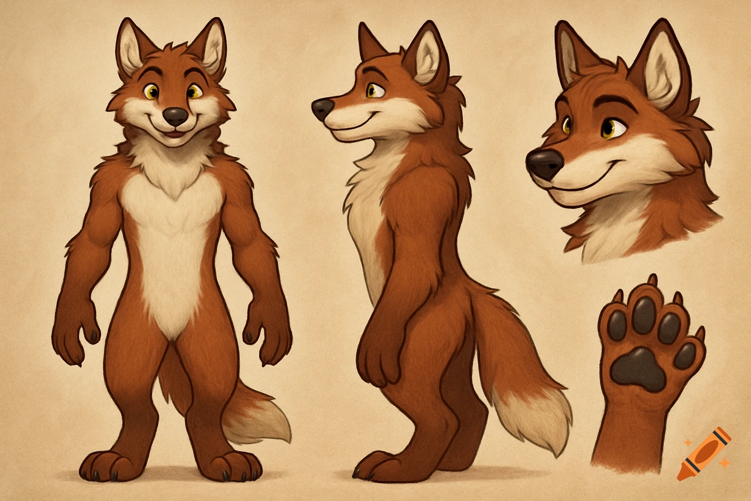 Illustration of a fox fursona reference sheet showing full body front, side, headshot, and paw ...