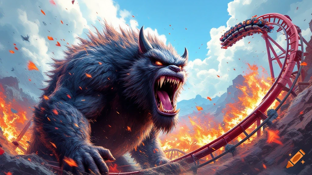 A large monster roars next to a crashing roller coaster engulfed in ...
