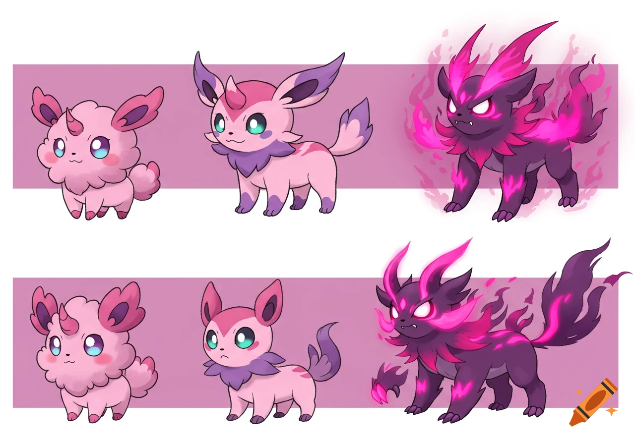 Six pink and purple cartoon fantasy creatures in three evolutionary ...