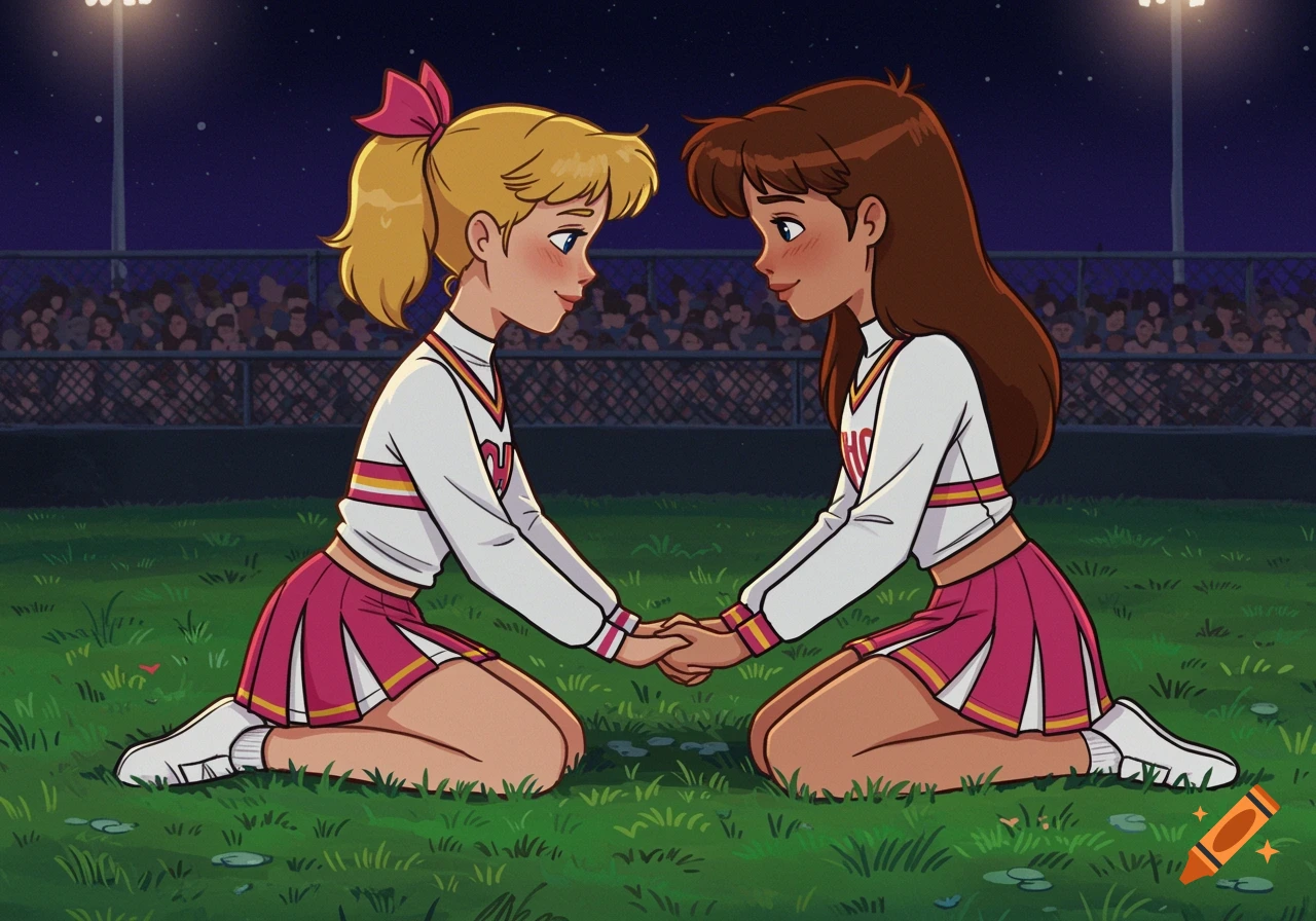 Two animated cheerleaders kneel on a field at night, holding hands in a ...