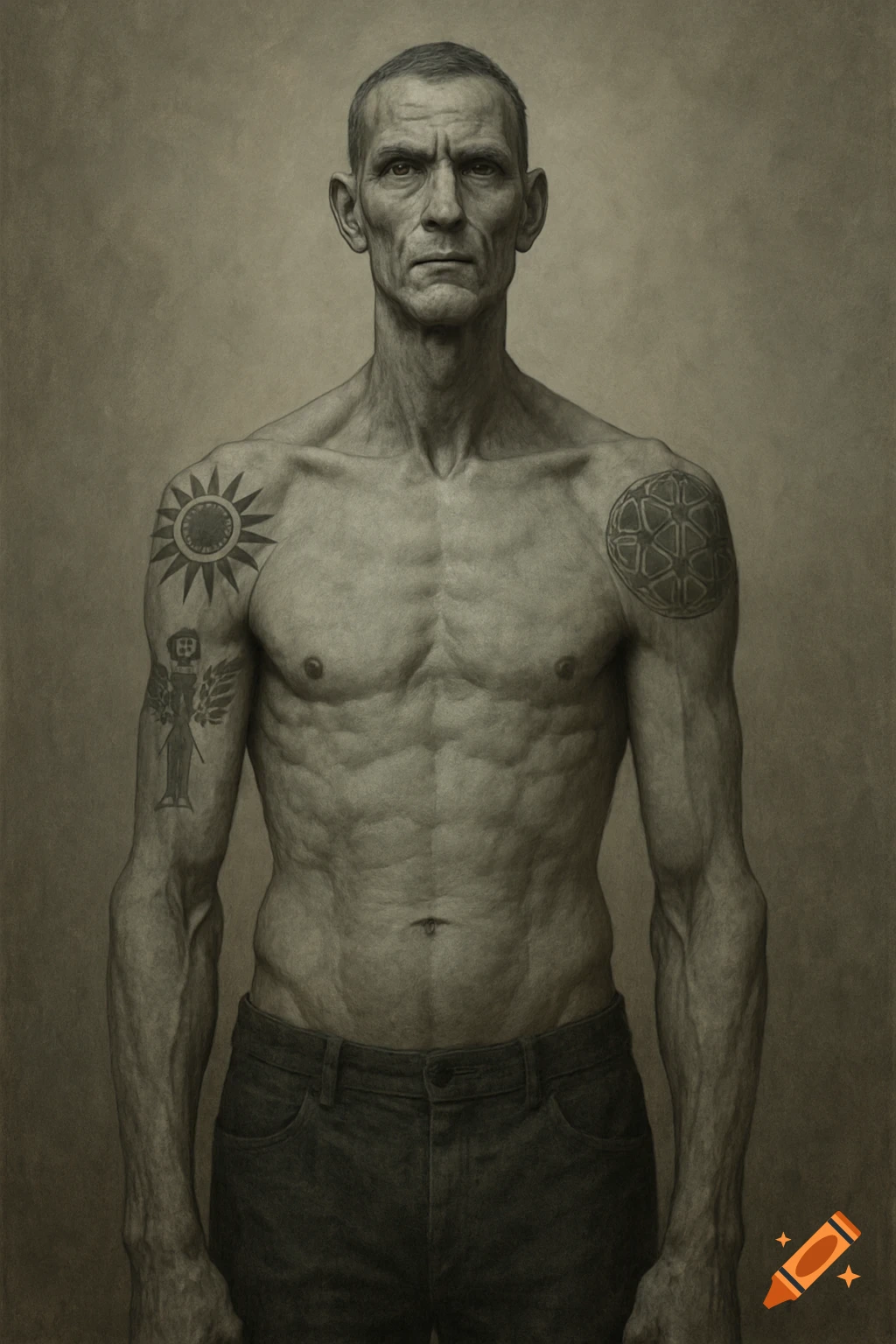 Grayscale drawing of a lean, tattooed man standing. on Craiyon