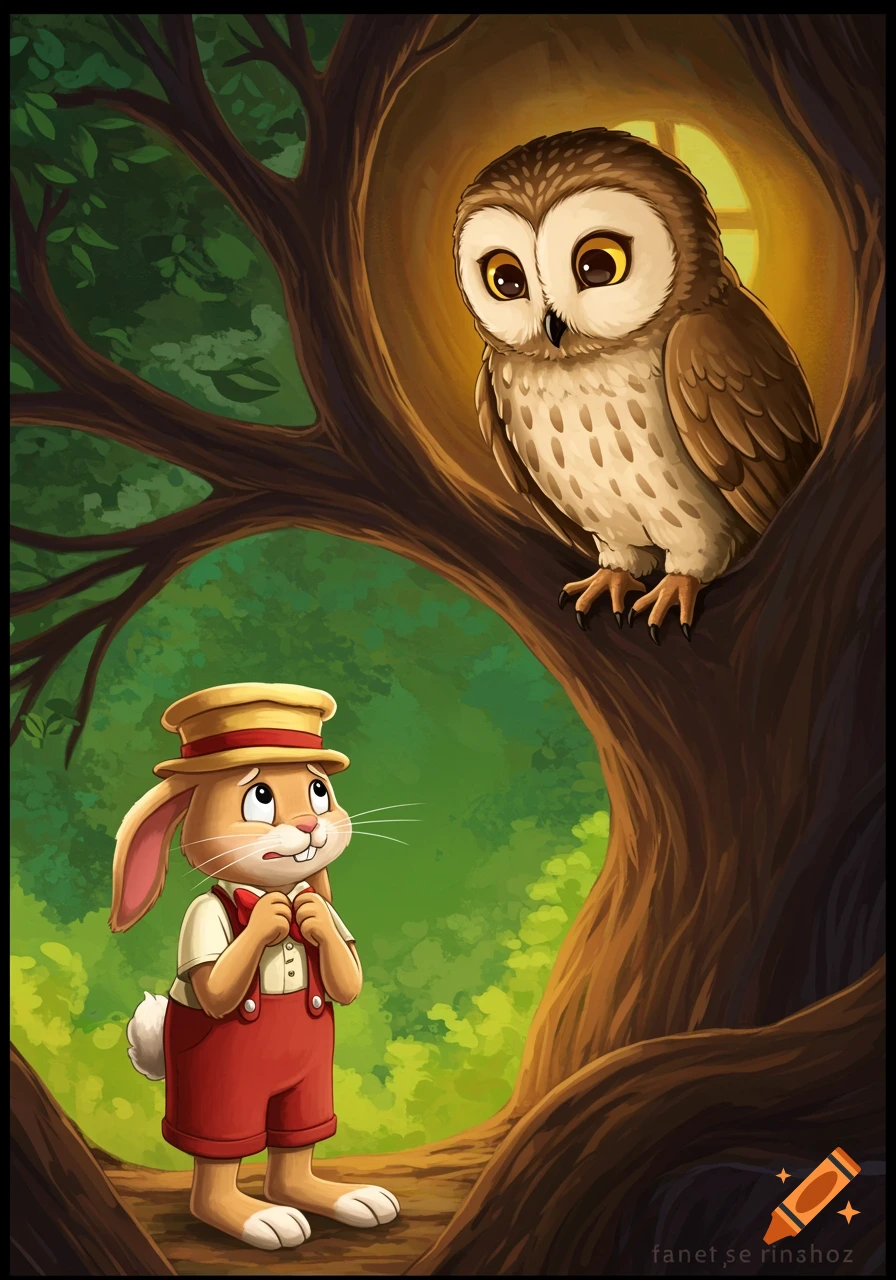 Cartoon illustration of a worried rabbit looking up at a wise owl in a ...