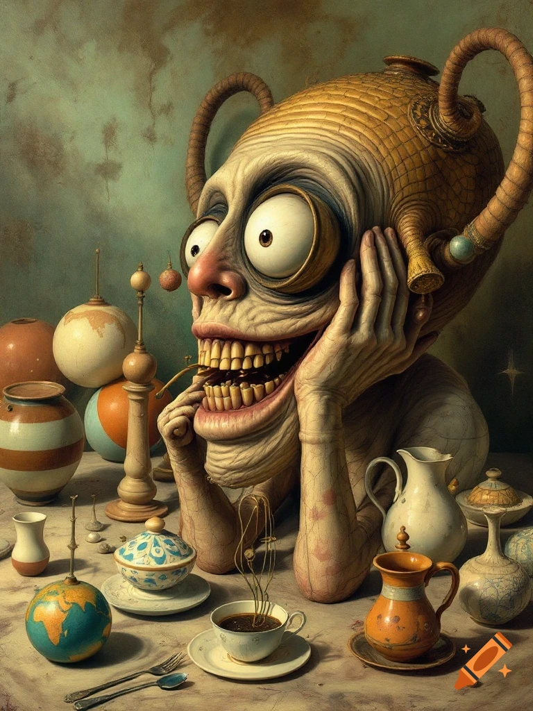 Surreal art of a creature with big eyes and teeth at a table with ...