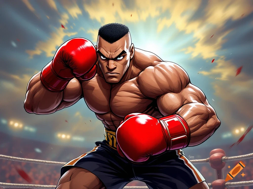 Muscular boxer in red gloves in a ring, anime style on Craiyon