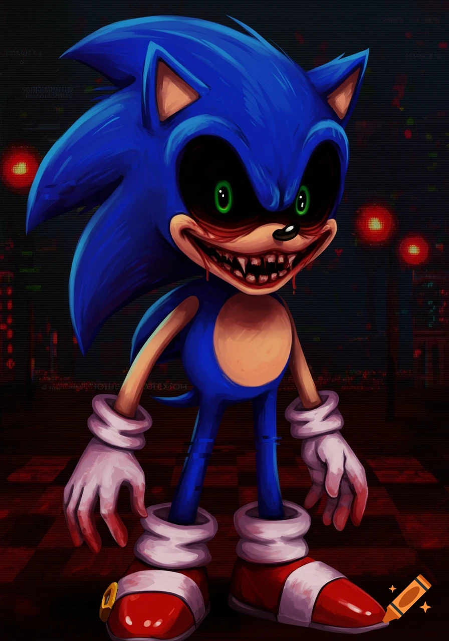 Creepy Sonic the Hedgehog with bloody teeth and red eyes against a ...