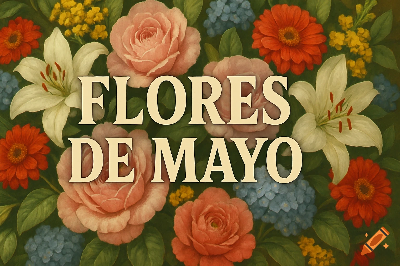 Colorful flowers with text overlay saying 'Flores de Mayo' on Craiyon