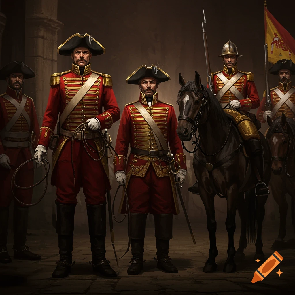 Spanish colonial officers in red and gold uniforms, some on horseback ...