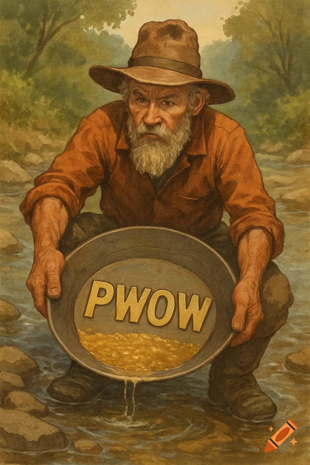 An illustration of a gold prospector panning in a creek with 'PWOW ...