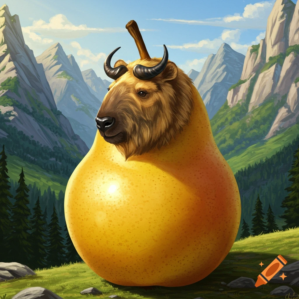 A creature with a takin head on a giant yellow pear stands in a ...