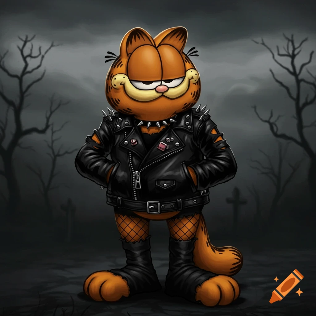 Garfield the cat in a punk leather jacket and fishnet stockings in a ...