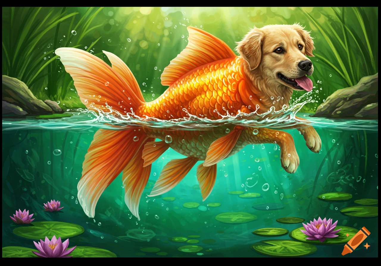 A dog with a goldfish tail swims in water with lily pads and flowers ...