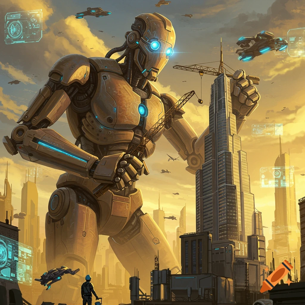 A colossal robot assists in constructing a towering skyscraper in a ...
