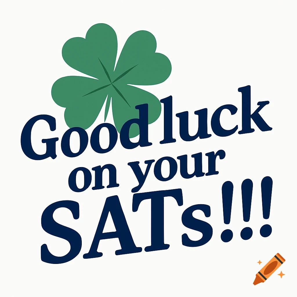 Text reads 'Good luck on your SATs!!!' with a four-leaf clover on Craiyon