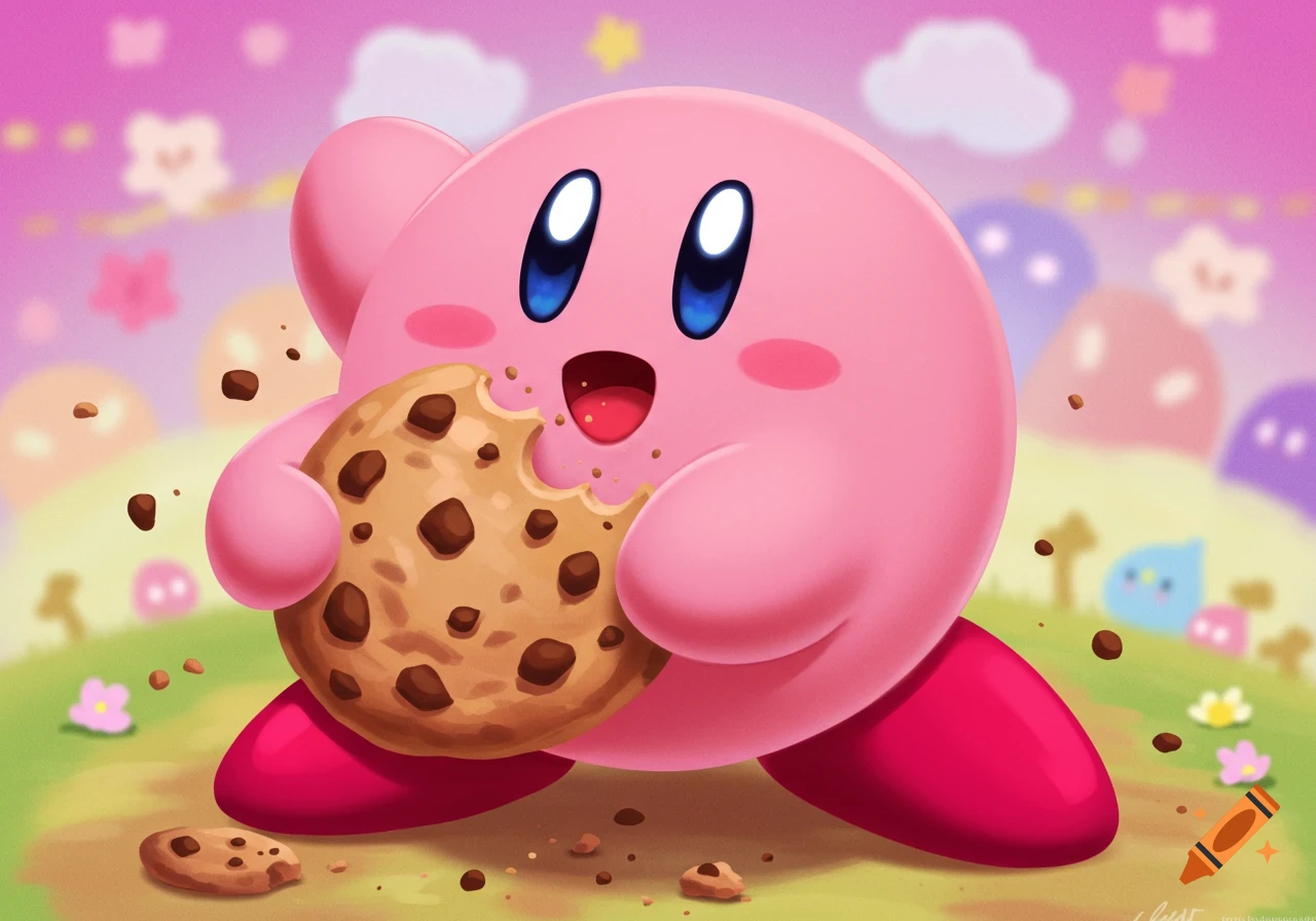 Kirby eating a large chocolate chip cookie in a cheerful, colorful cartoon world. on Craiyon