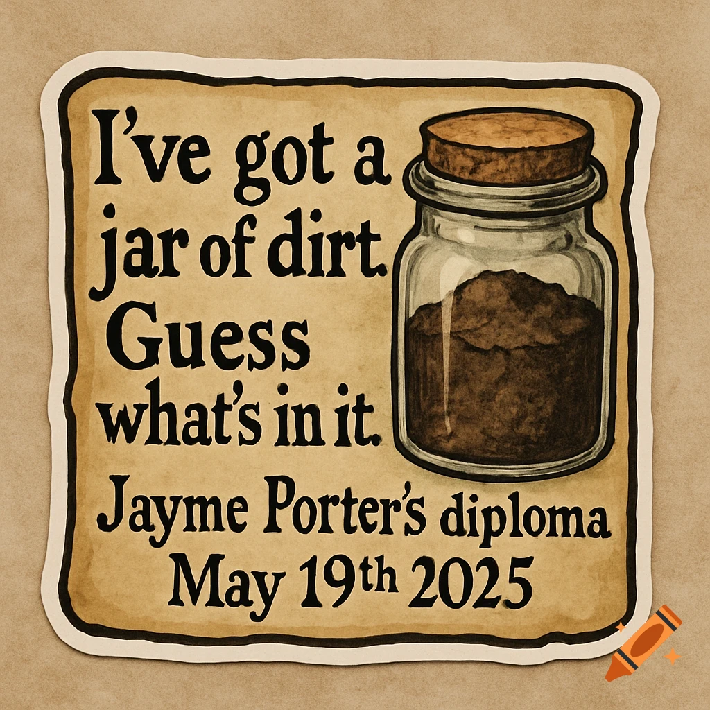 Sticker with text 'I've got a jar of dirt Guess what's in it. Jayme ...