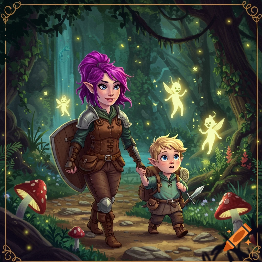 Illustrated fantasy art of an elf woman and child walking through a ...