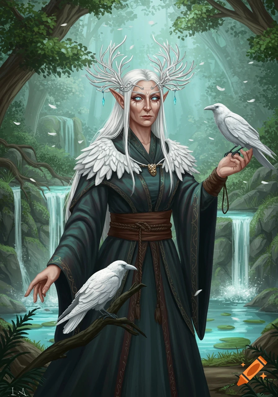 A portrait illustration of a white-haired elf witch with antler ...