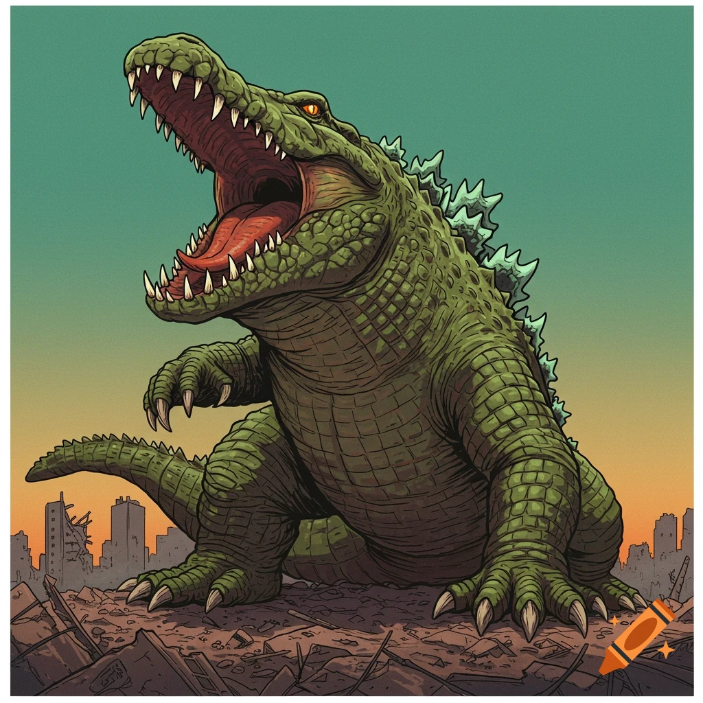 A large green monster resembling Godzilla and a crocodile roars in a ...