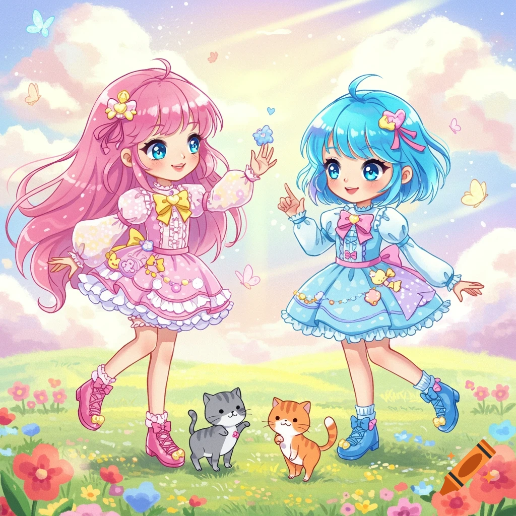 Two cartoon anime girls in cute dresses with cats and butterflies in a ...