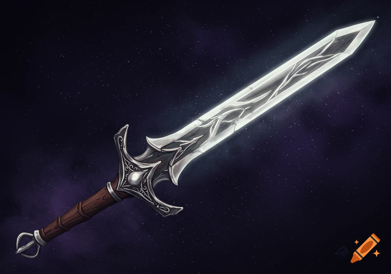 A fantasy sword with intricate detail glows against a starry background ...