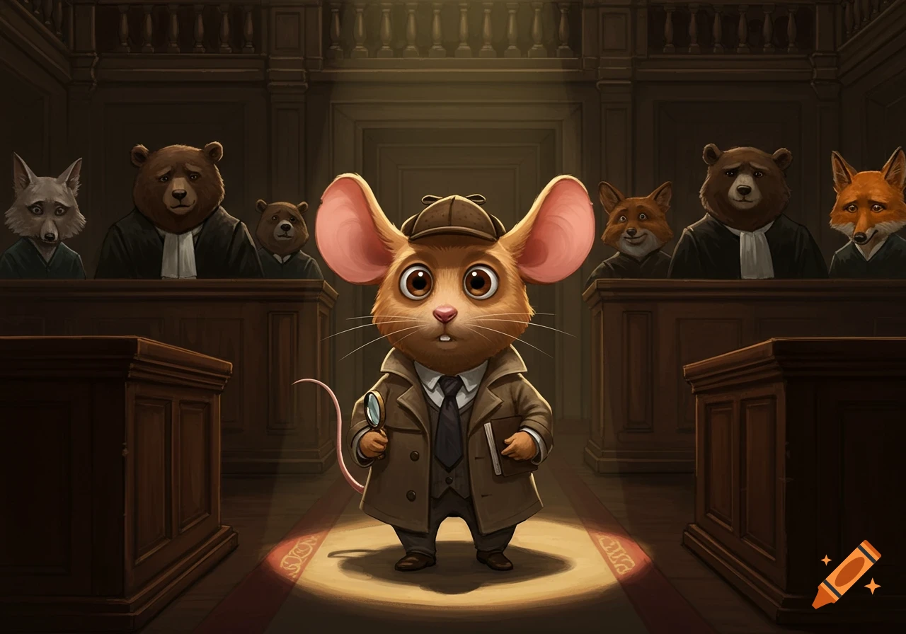 A cartoon mouse detective stands in a courtroom holding a magnifying ...