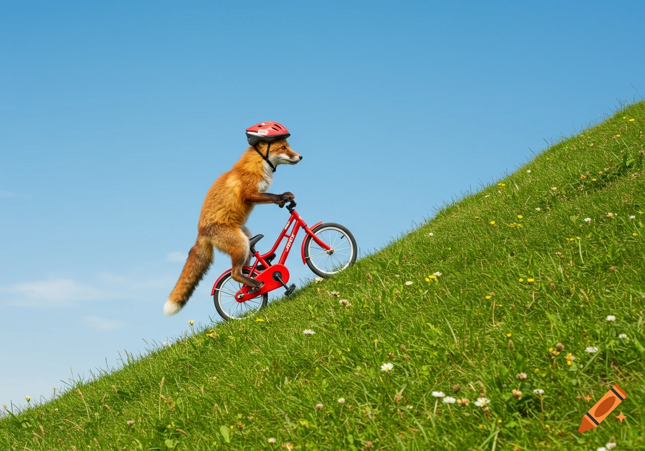 A fox wearing a red helmet rides a small red bicycle up a grassy hill ...