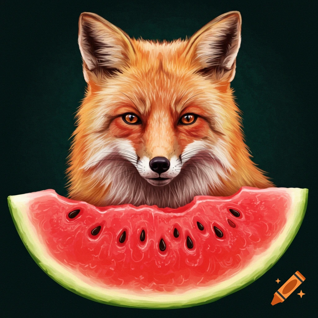Illustration of a fox peeking over a slice of watermelon. on Craiyon