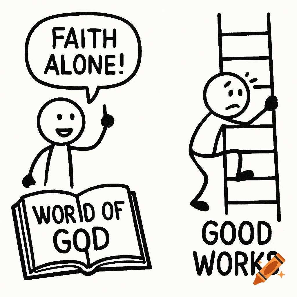 Stick figure cartoon: One figure preaches "Faith Alone" from a Bible ...