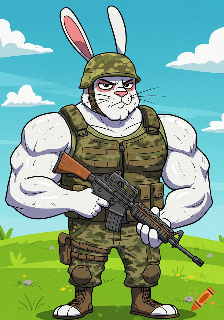 A muscular cartoon rabbit in army gear holds a rifle. on Craiyon