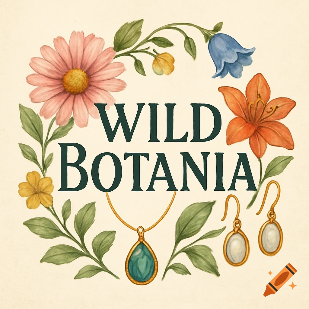 Watercolor logo for Wild Botania featuring flowers, leaves, a necklace ...