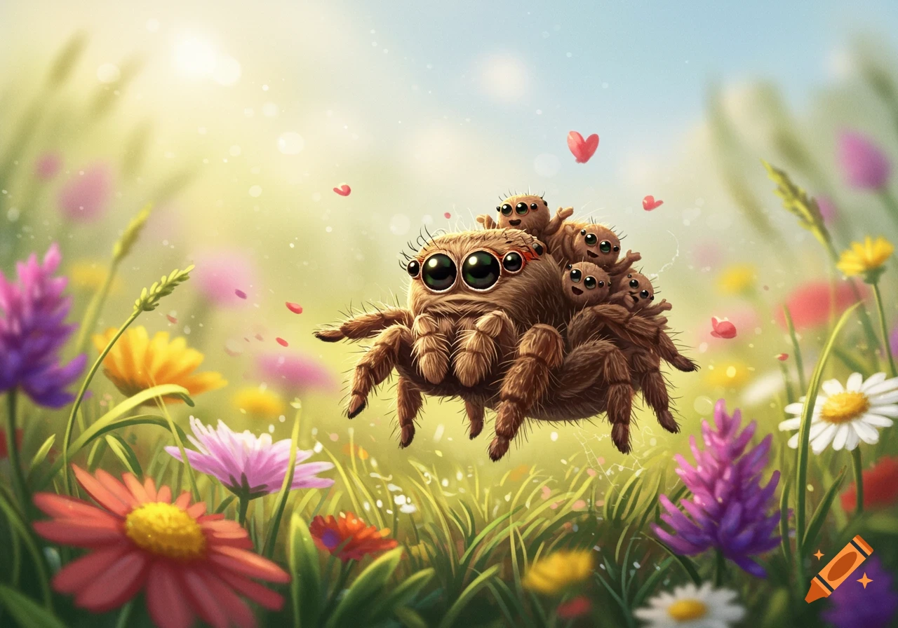 A cute jumping spider mom carries multiple babies on her back through a ...