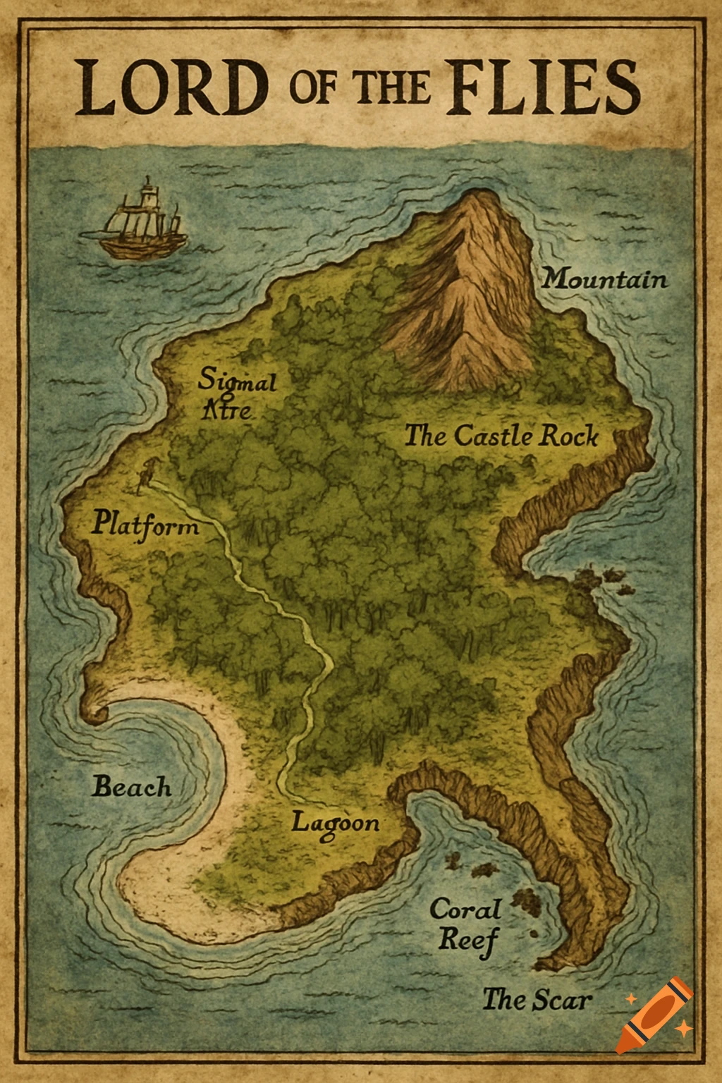 Hand-drawn map of a tropical island with locations labeled, styled like ...