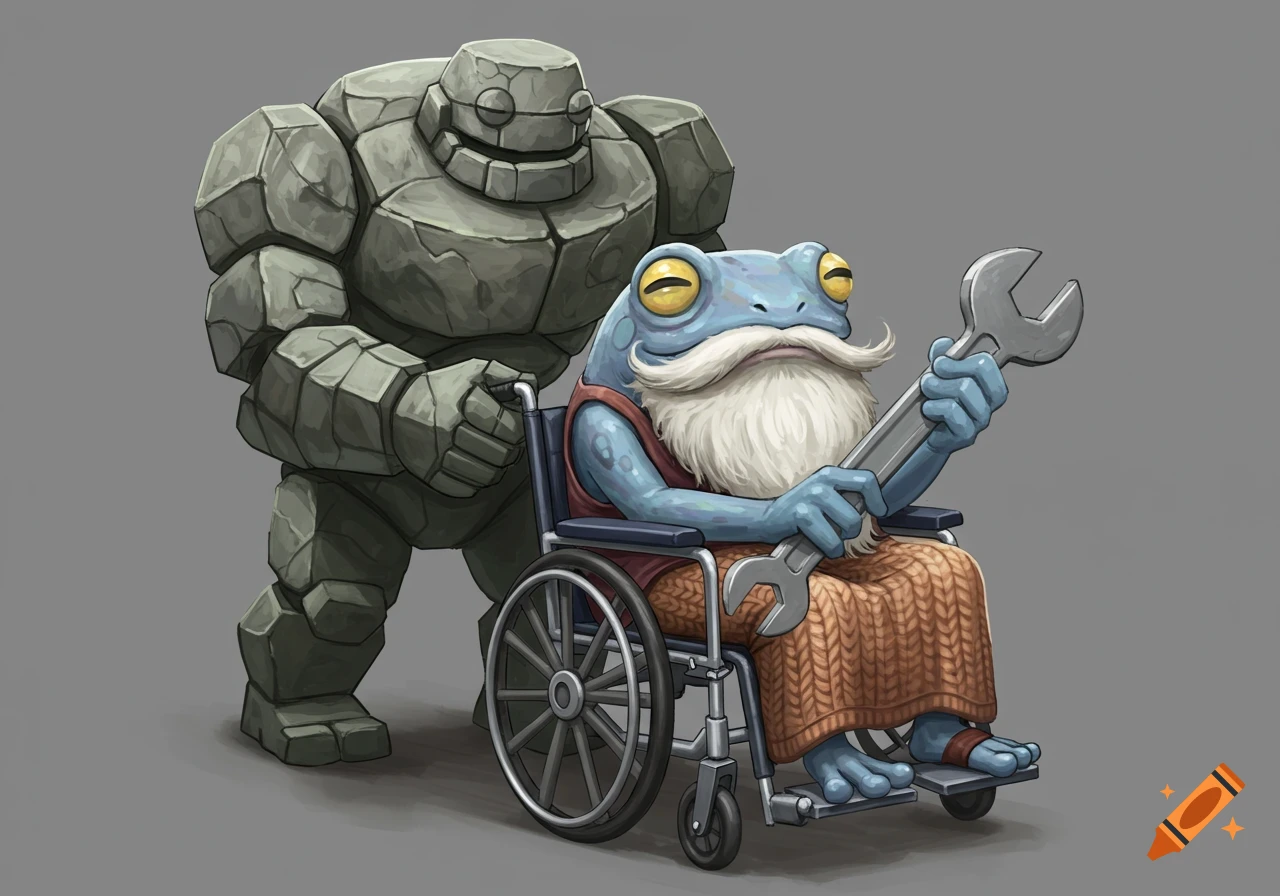 A stone golem pushes a wheelchair with an old frog holding a wrench and ...