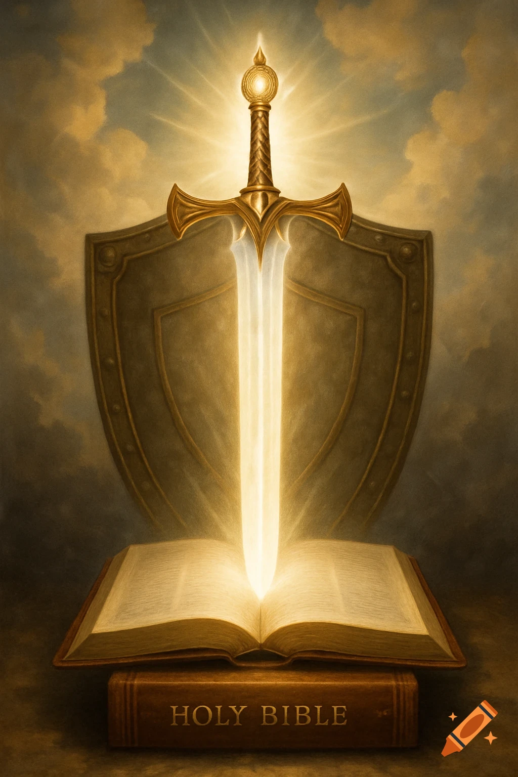 Glowing sword piercing an open bible with a shield behind it, dramatic ...