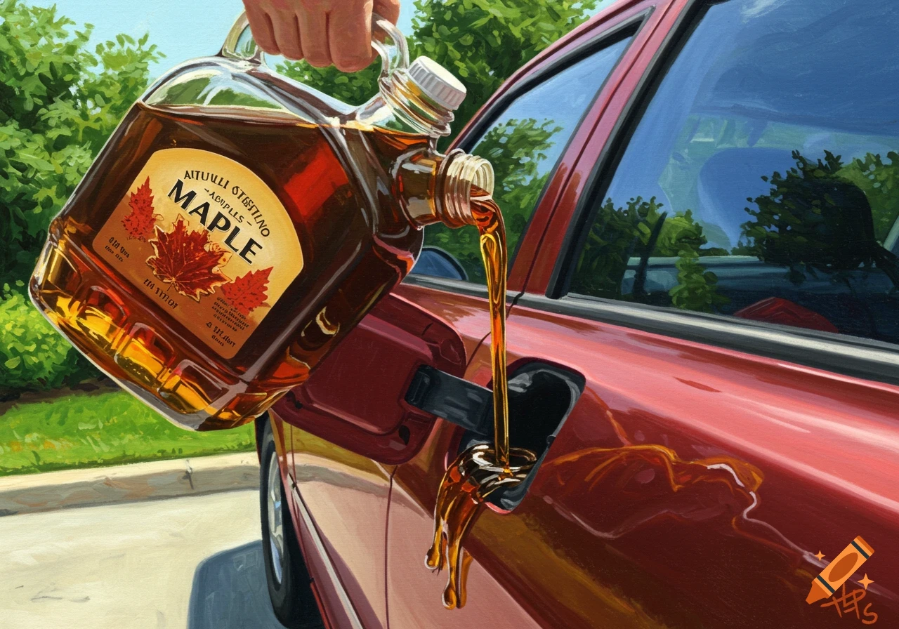 A hand pours a large jug of maple syrup into a red car's fuel tank in a ...