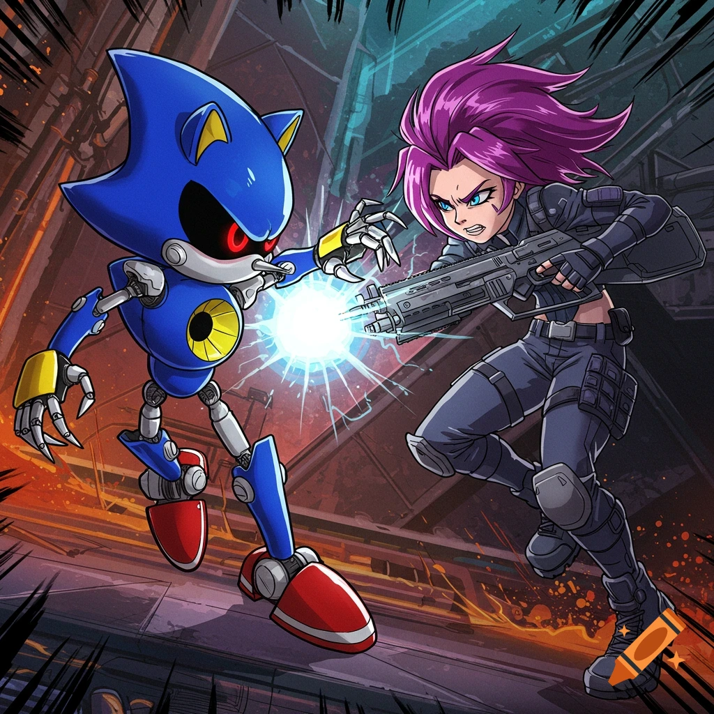 Metal Sonic Battles Uzi Doorman Firing A Gun In An Anime Comic Style