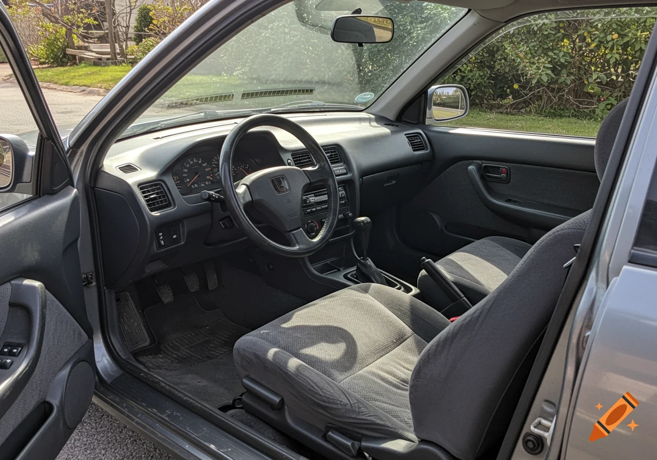 Interior view of a car dashboard, steering wheel, and seats from the ...
