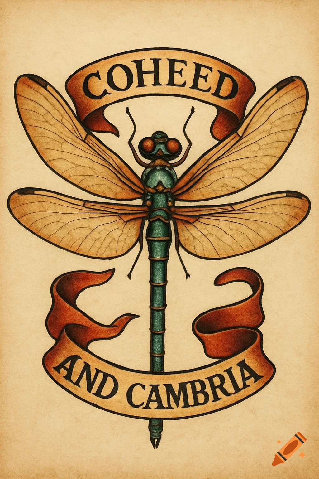 Stylized dragonfly with 'Coheed and Cambria' text banners in tattoo ...