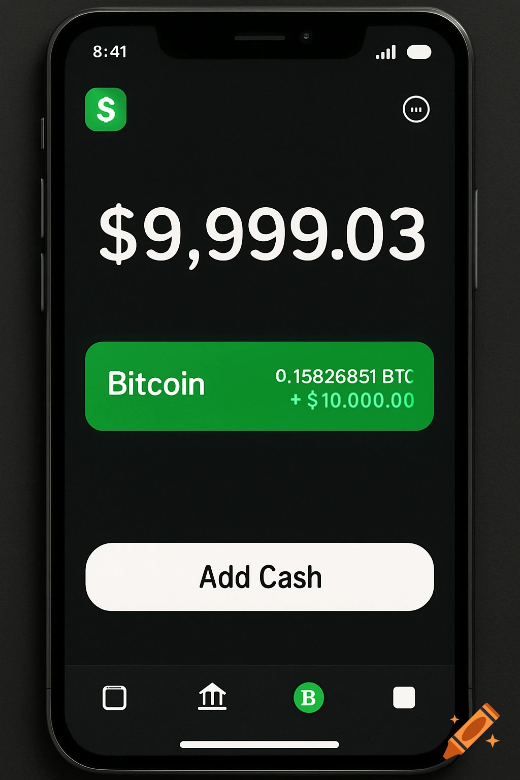 Phone screen showing a financial app interface with a balance of $9,999 ...