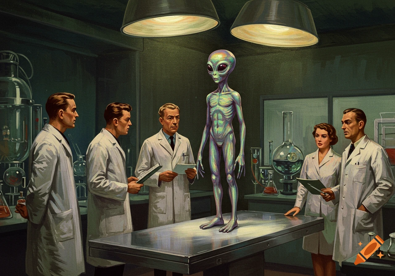 Vintage illustration of scientists examining a captured alien in a lab. on Craiyon