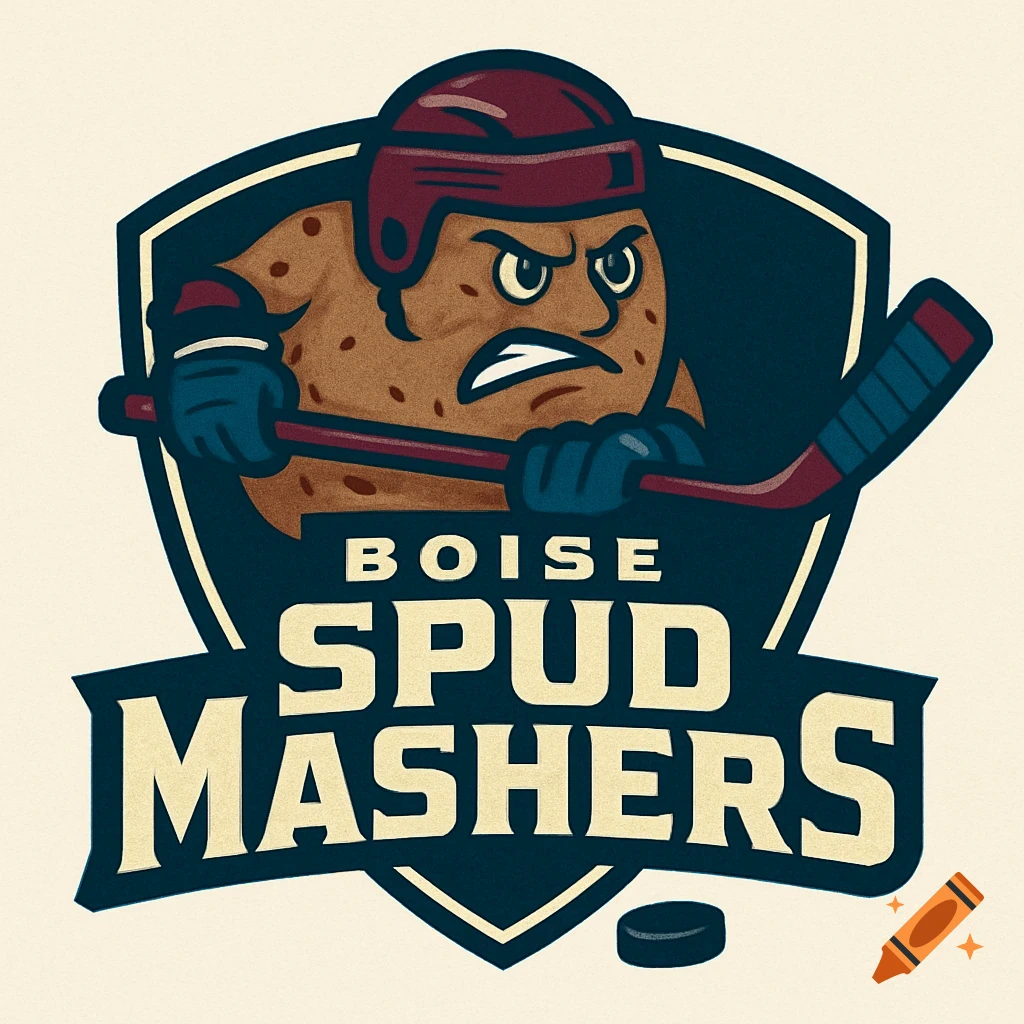 Sports logo of a potato in hockey gear for the Boise Spud Mashers team ...