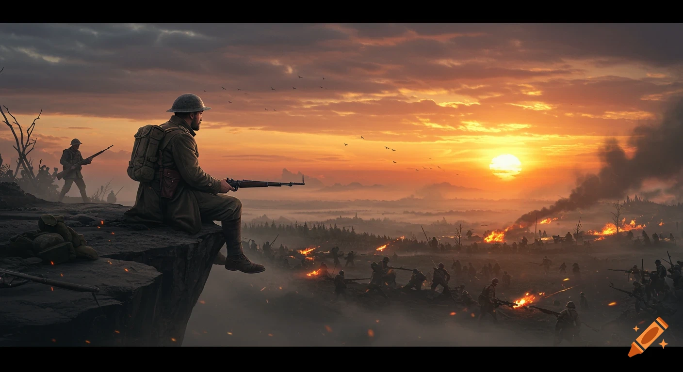 WWI soldier sits on a cliff overlooking a battle scene at sunset. on ...