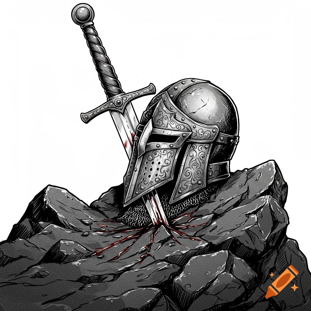 A black and white drawing of a sword piercing a medieval helmet stuck ...