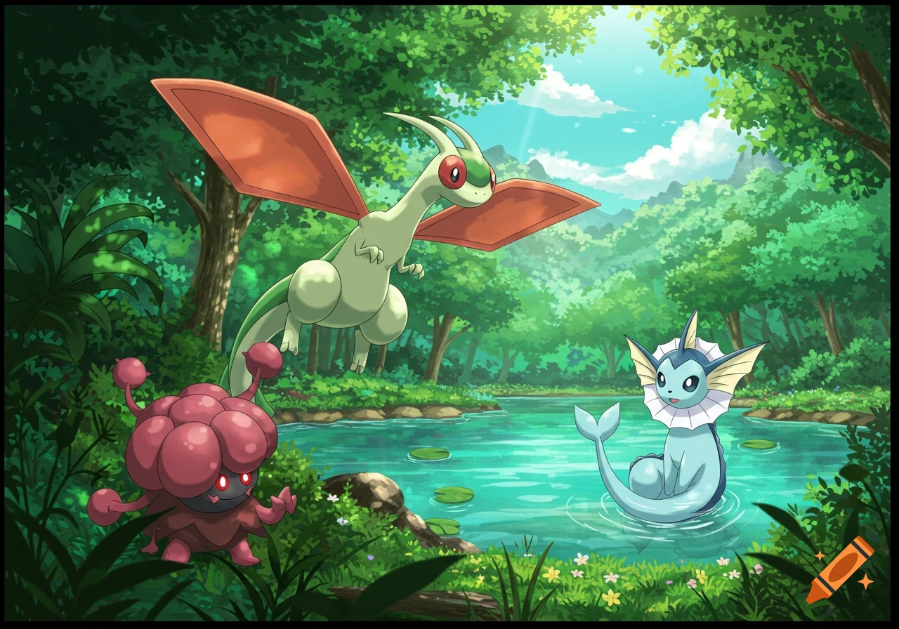 Flygon, Gloom, and Vaporeon in a lush forest by a pond, anime style on ...
