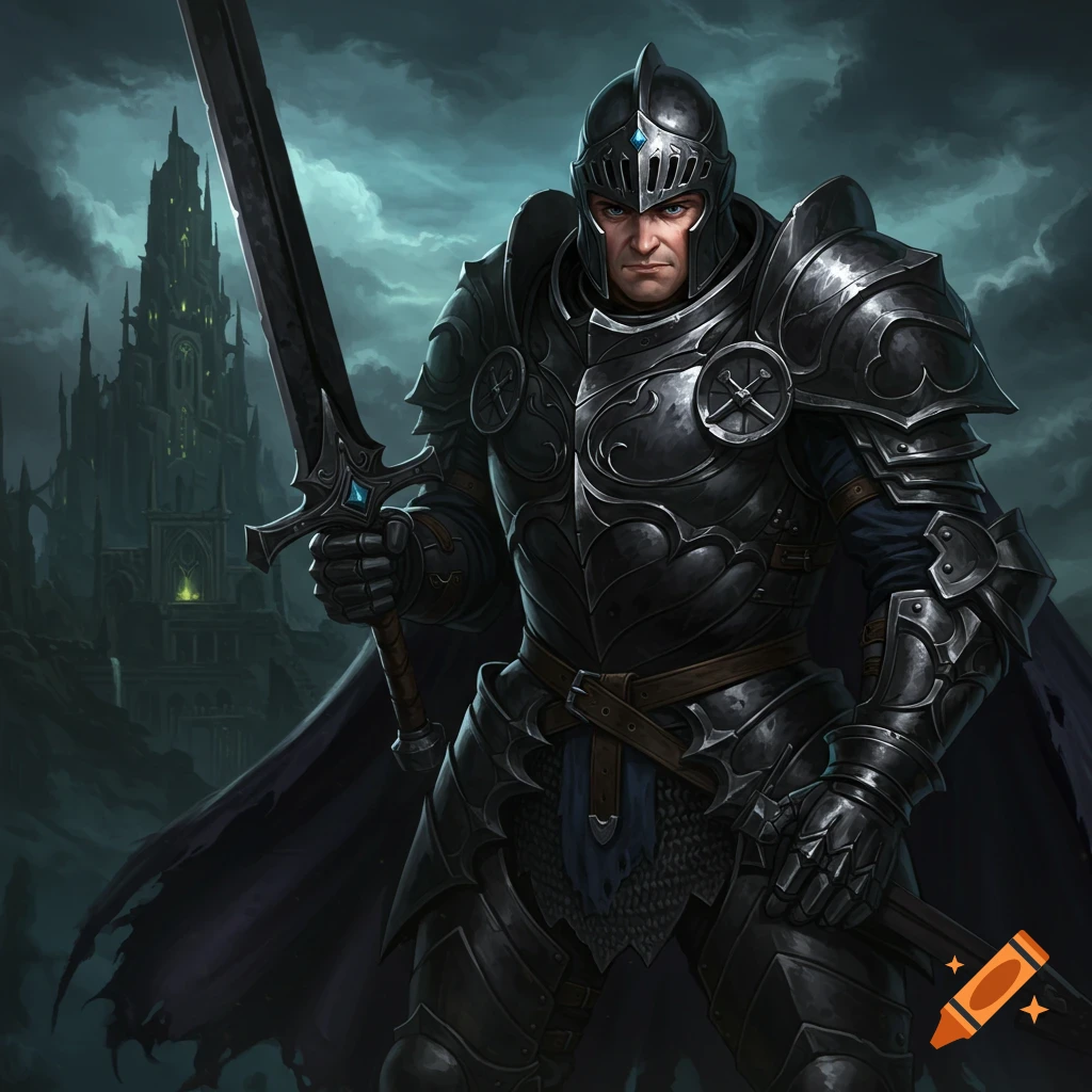 A knight in dark armor stands with a sword before a dark castle under a ...
